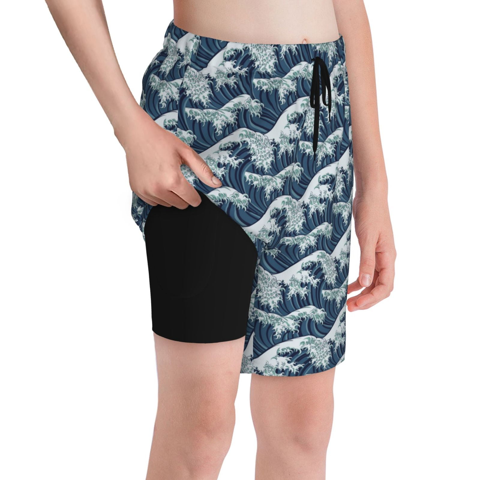 Logiee A Japanese Great Wave Print Boys Swim Trunks with Compression ...