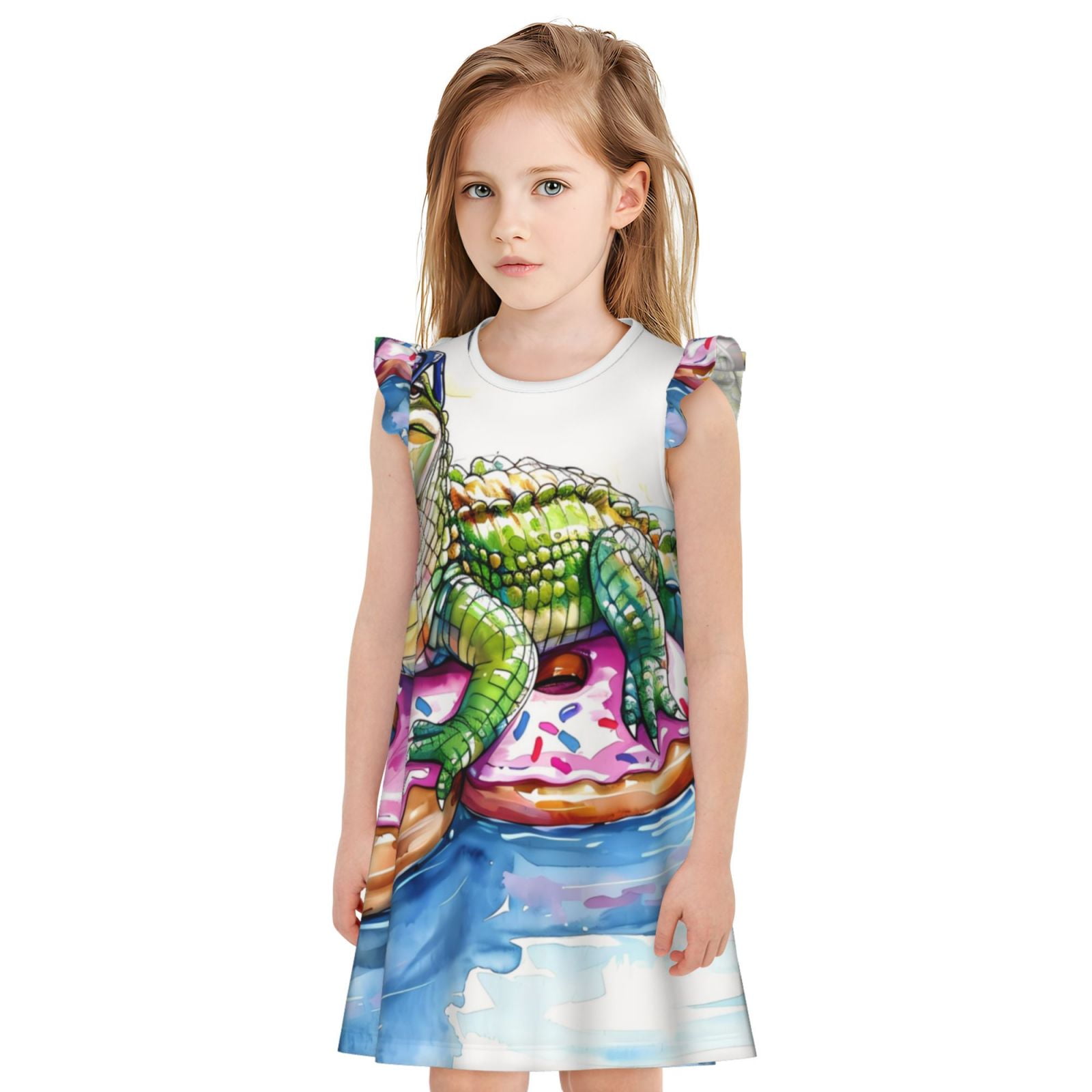 Logiee Alligator Donut Pool Float Print Girls Nightgowns,Casual Dress Flutter,Short Sleeves ...