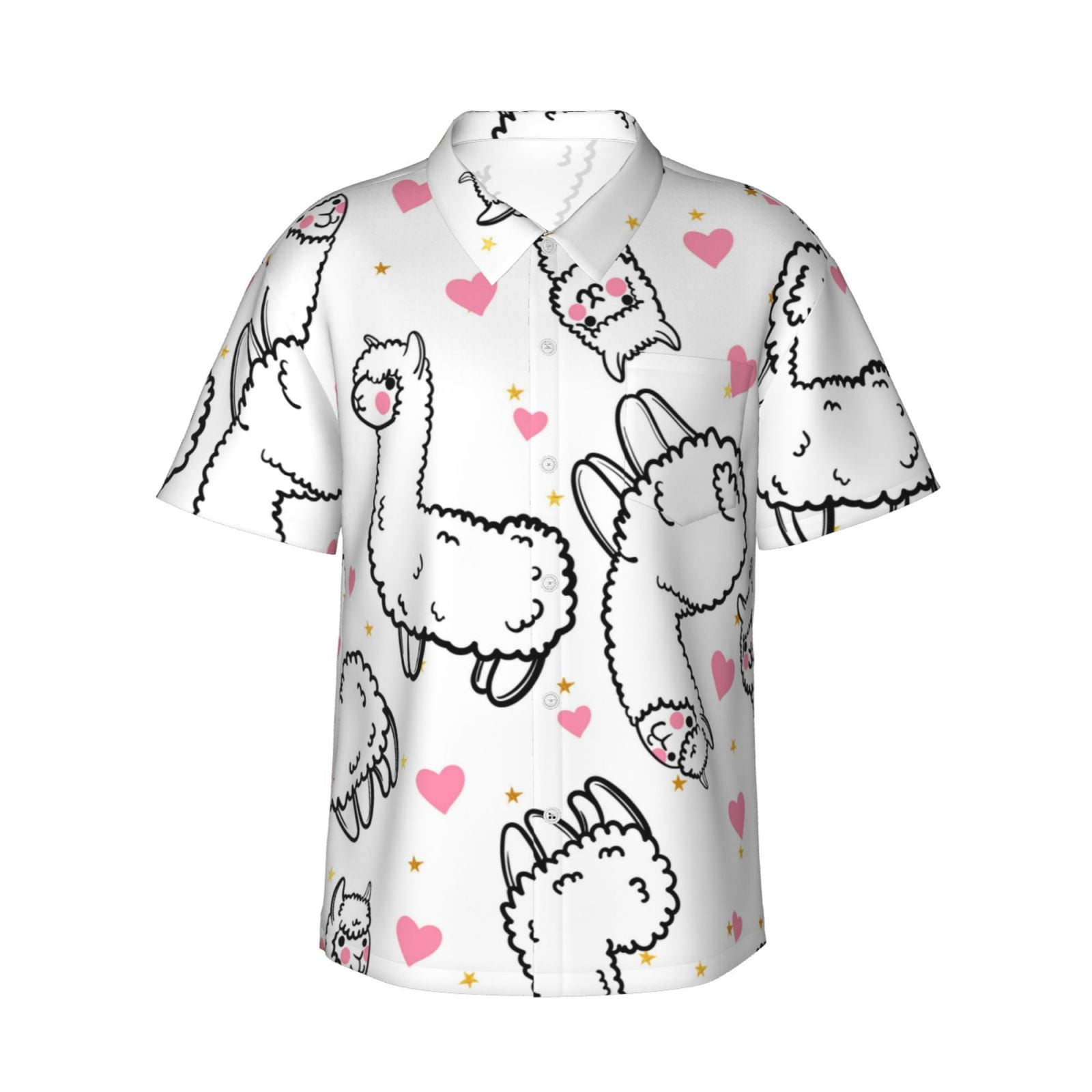 Logiee Alpacas and Hearts Print Mens Hawaiian Shirts,Loose-Fit Short ...
