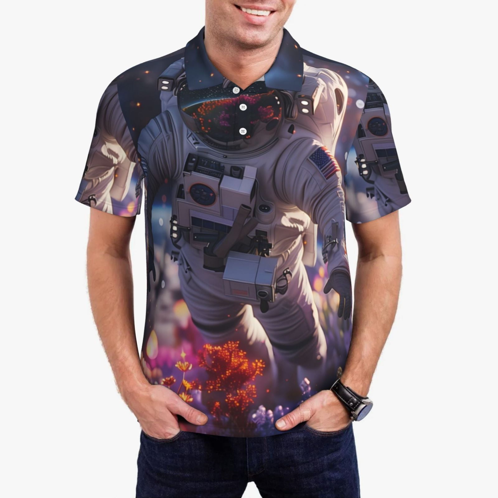 Logiee Astronaut In Cosmic Garden Print Mens Polo Shirts,Mens Golf Polo ...