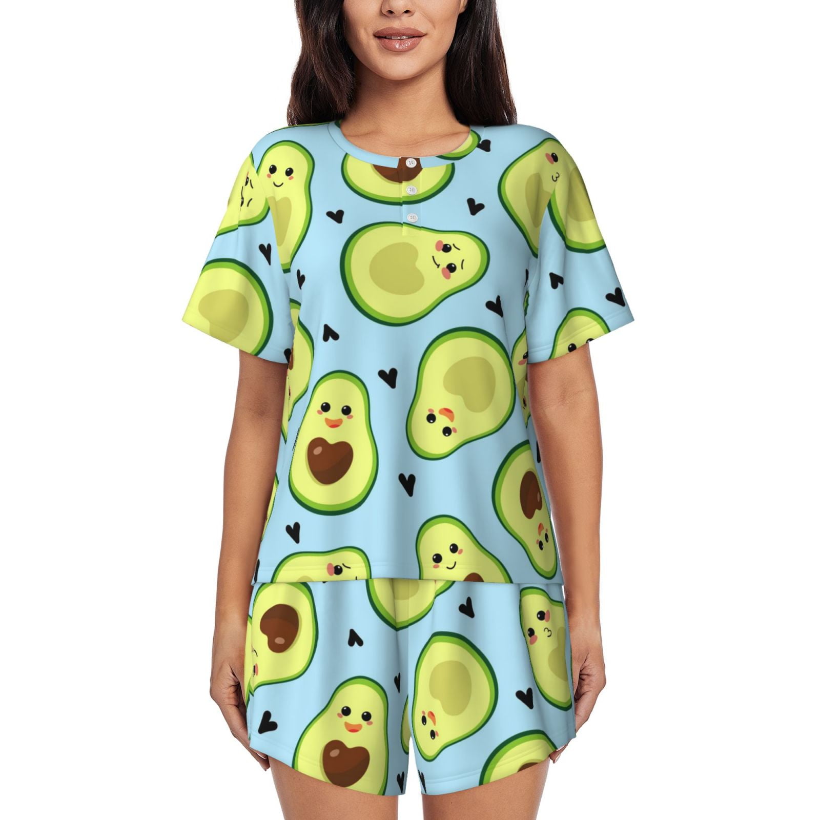 Logiee Avocado and Hearts Print Womens Pajamas Set,Short-Sleeve Pajama ...