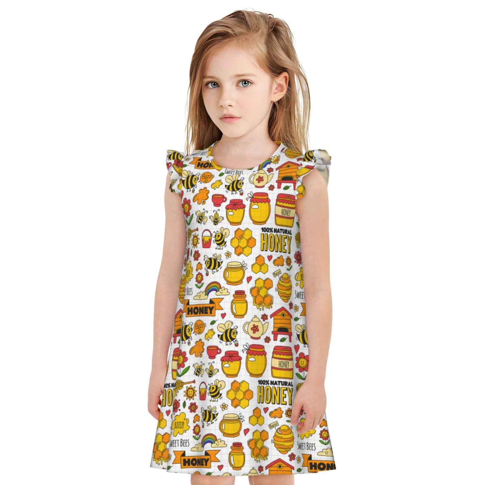Logiee Bees And Honey 1 Print Girls Nightgowns,Casual Dress Flutter ...