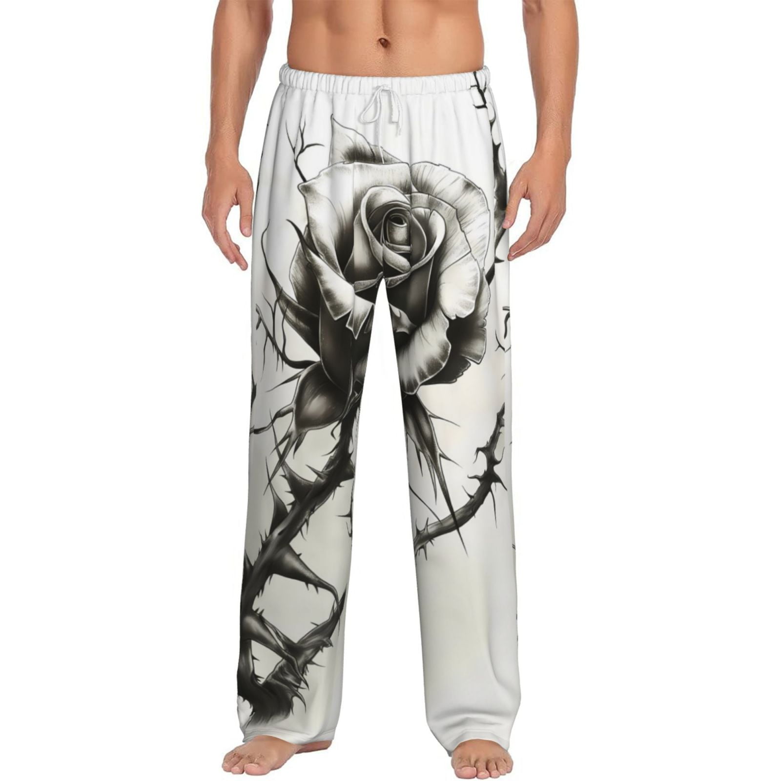 Logiee Black And White Rose Print Pajama Pants for Men,Men’s Pajama ...