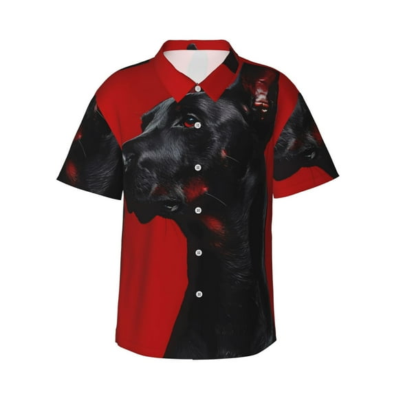 Logiee Black Dog Red Background Print Mens Hawaiian Shirts,Loose-Fit ...