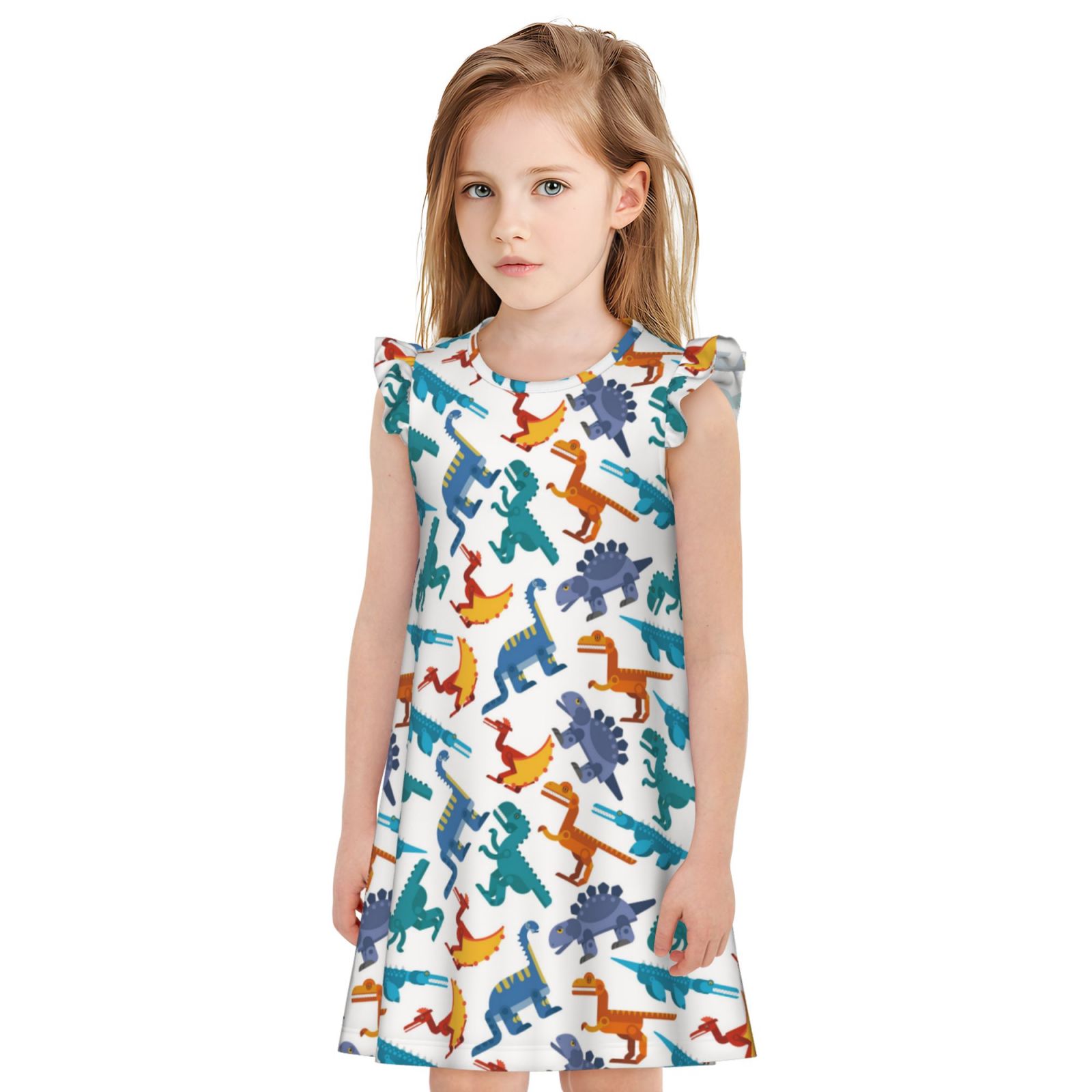 Logiee Block Dinosaur Print Girls Nightgowns,Casual Dress Flutter,Short ...