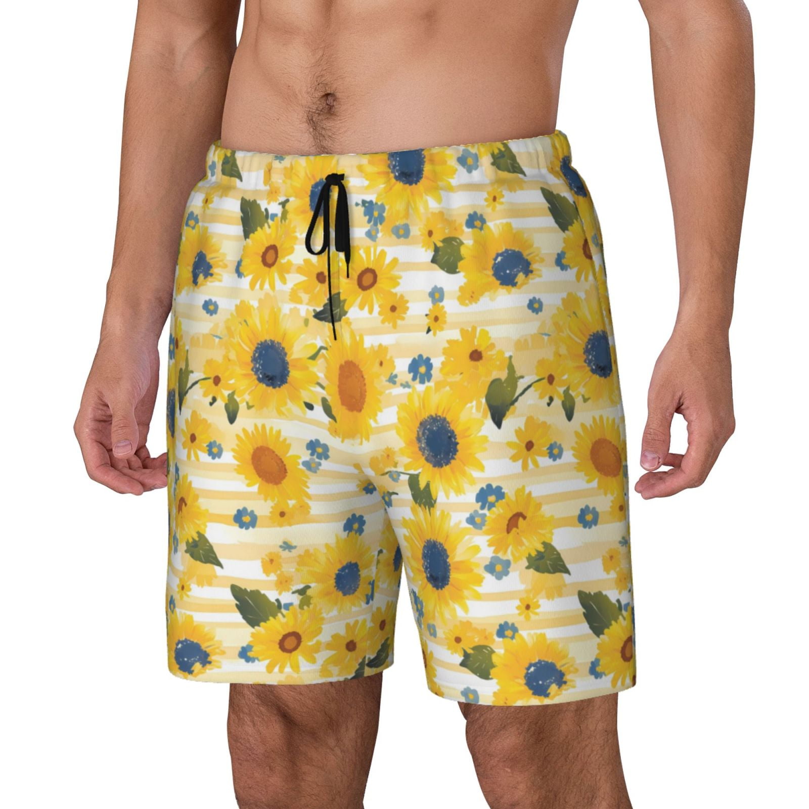 Logiee Blue Floral Sunflower Print Men's Swim Trunk,Quick Dry Board ...