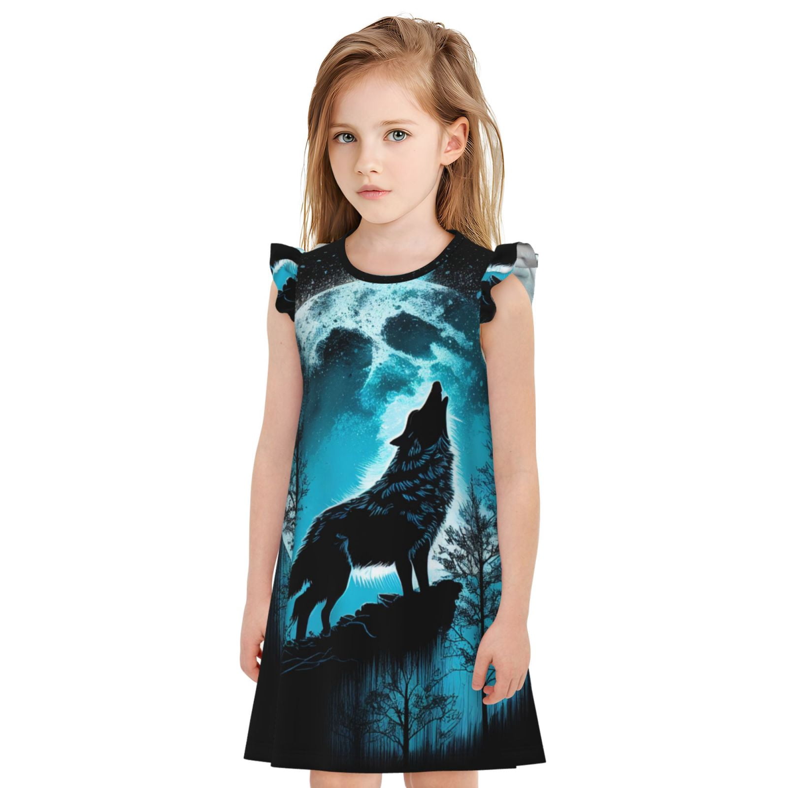 Logiee Blue Full Moon Wolf Print Girls Nightgowns,Casual Dress Flutter ...