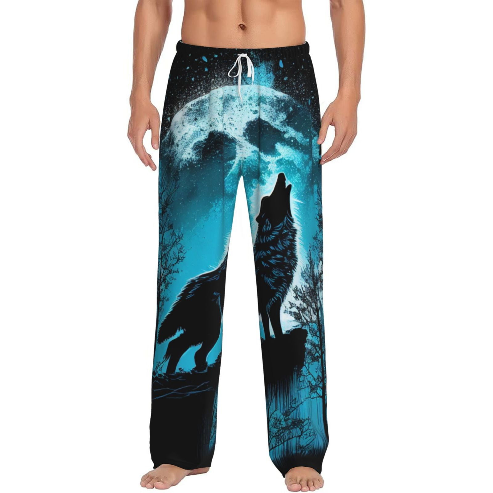 Logiee Blue Full Moon Wolf Print Pajama Pants for Men,Men’s Pajama ...