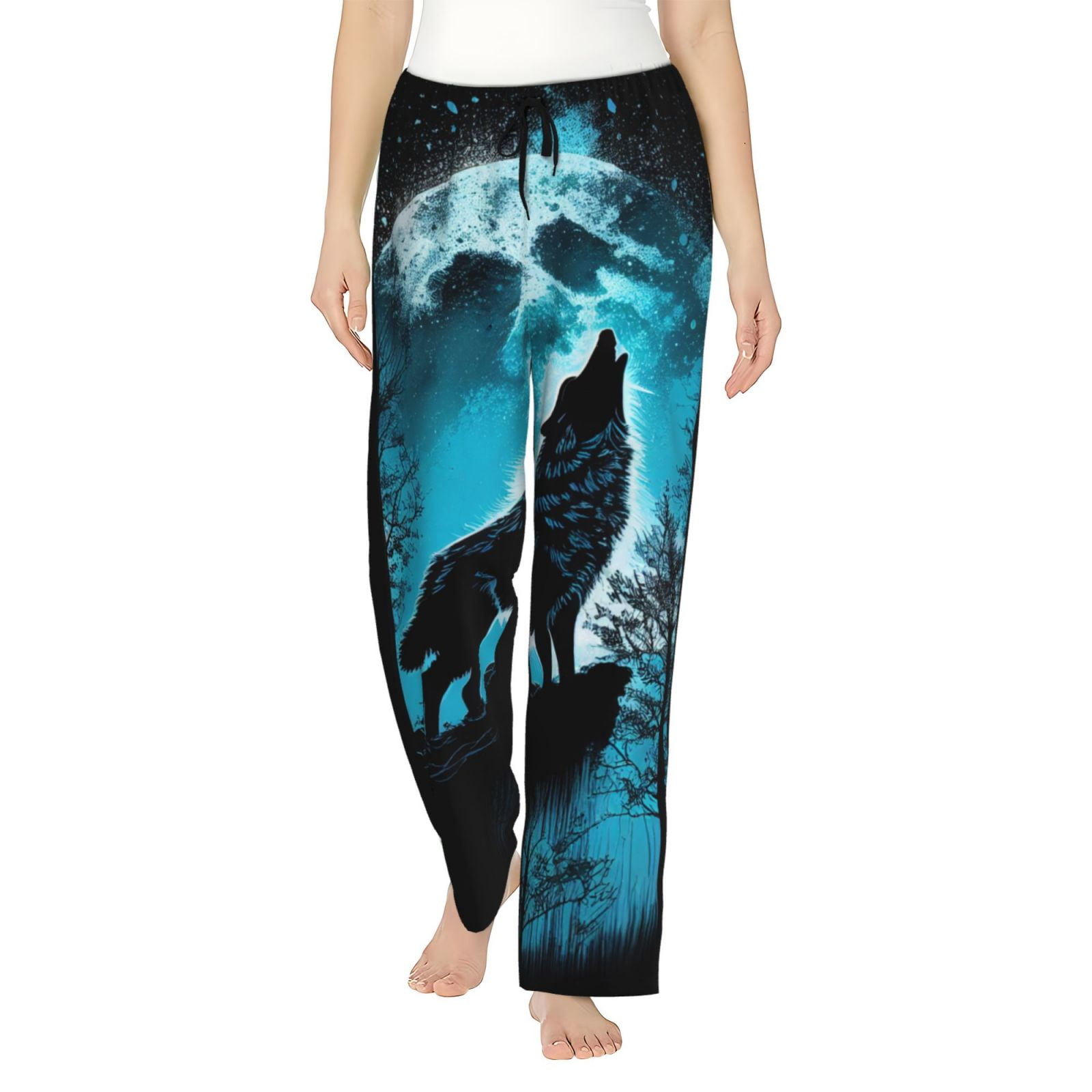 Logiee Blue Full Moon Wolf Print Women Pajama Pants,Comfy Pj Bottom ...