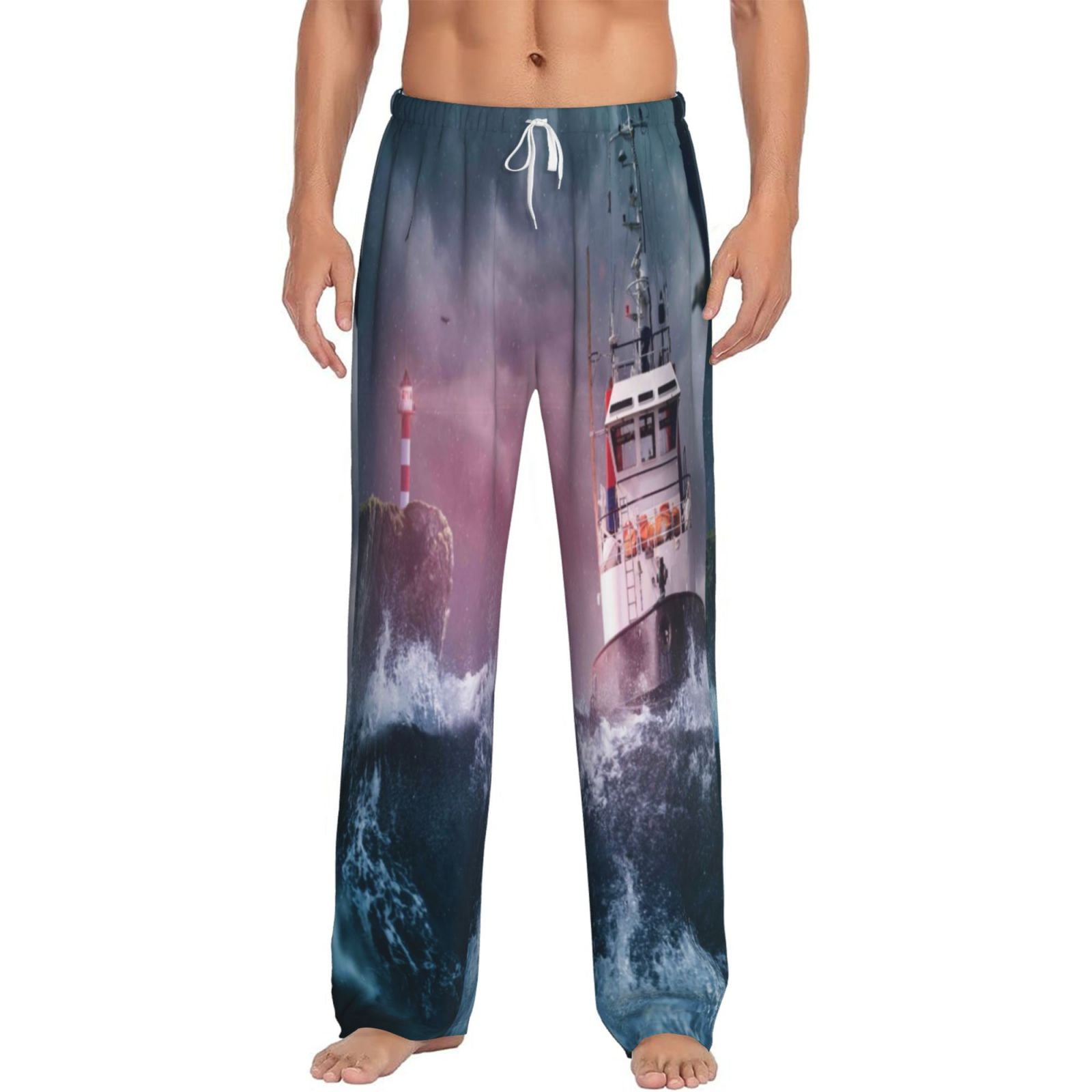 Logiee Boat Lighthouse Storm Waves Print Pajama Pants for Men,Men’s ...