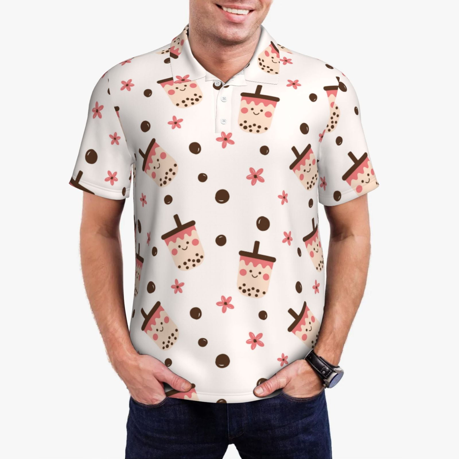 Logiee Boba Milk Tea Print Mens Polo Shirts,Mens Golf Polo Shirts,Short ...