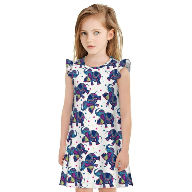 Logiee Boho elephant Print Girls Nightgowns,Casual Dress Flutter,Short ...
