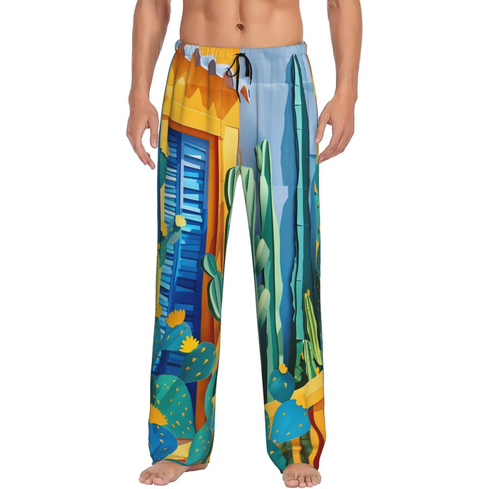 Logiee Bright Paper Cactus Scene Print Pajama Pants for Men,Men’s ...