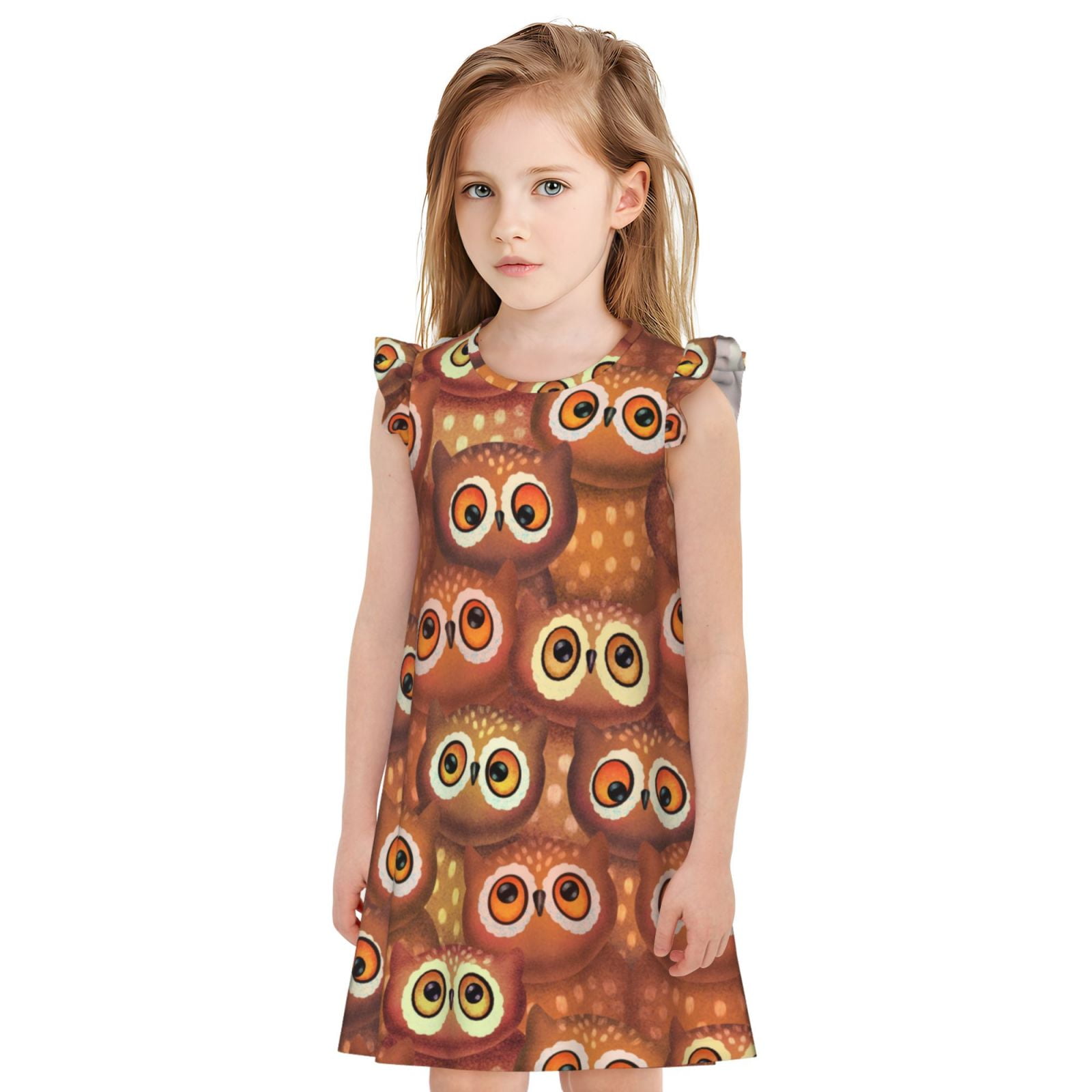 Logiee Brown Owl Print Girls Nightgowns,Casual Dress Flutter,Short ...