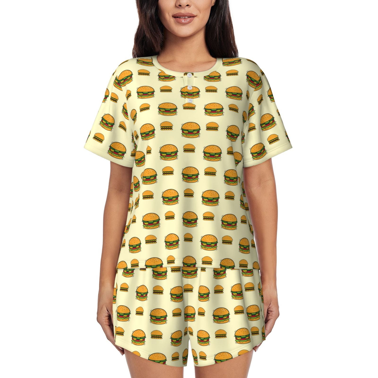 Logiee Burgers And Hot Dogs Print Womens Pajamas Set,Short-Sleeve ...