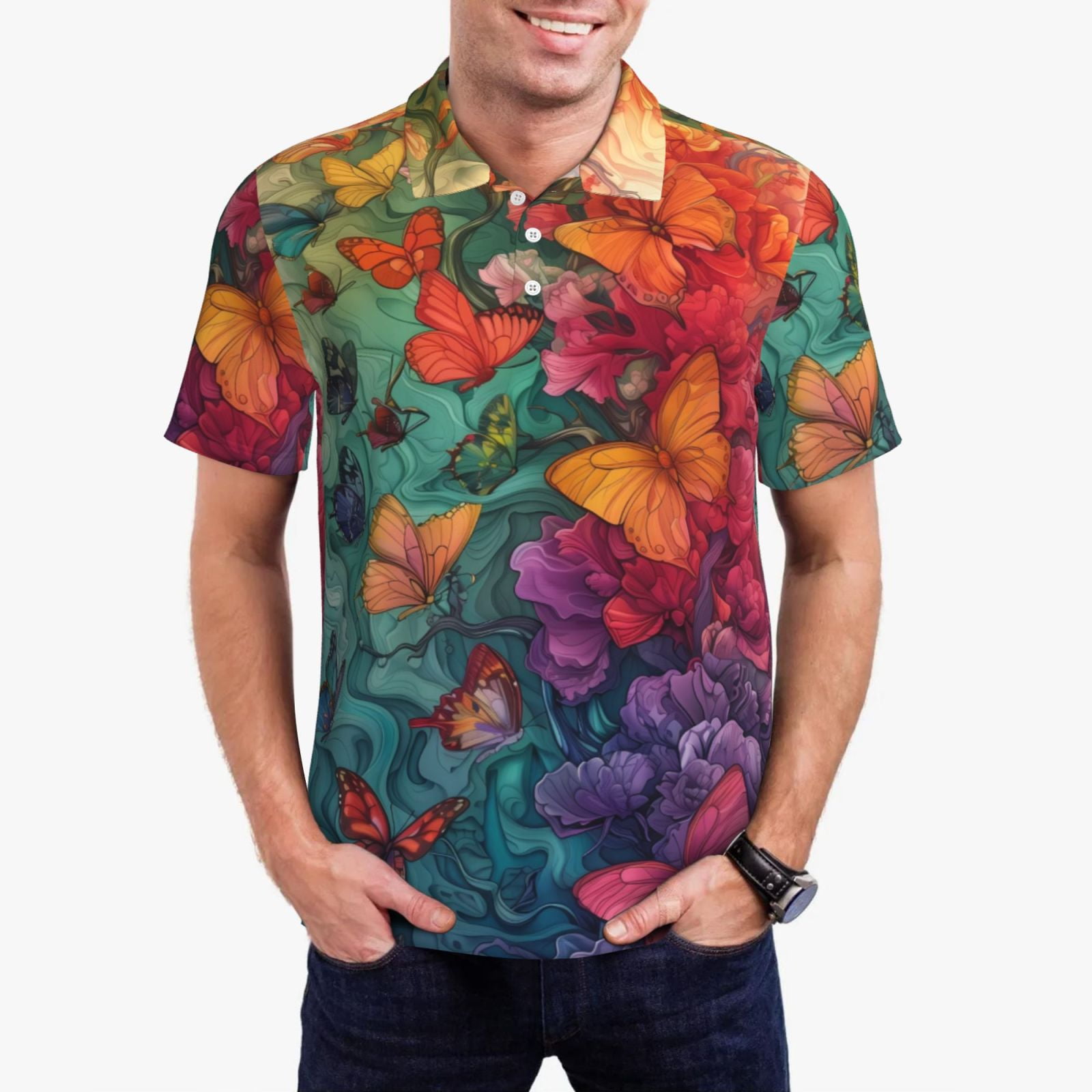 Logiee Butterfly Flower Cascade Print Mens Polo Shirts,Mens Golf Polo ...