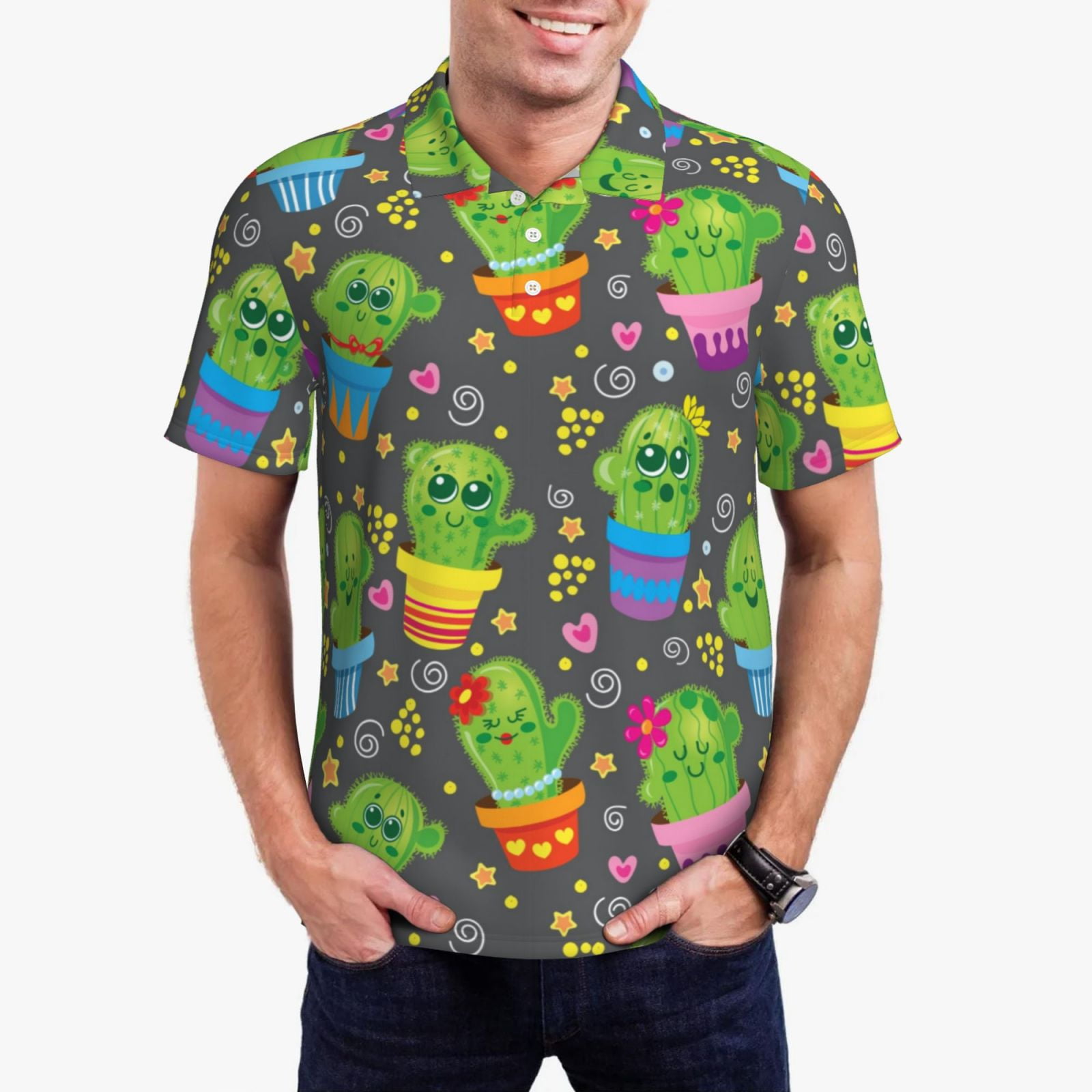 Logiee Cactus In Pots Print Mens Polo Shirts,Mens Golf Polo Shirts ...