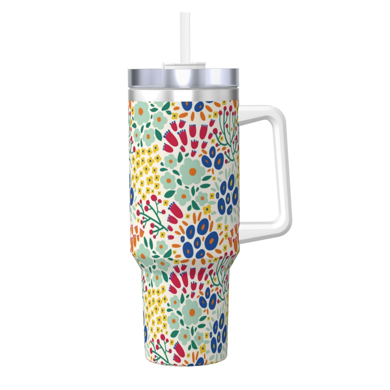 Logiee Cartoon Flowers Print 40OZ Ice Bully Cup with Handle and Straw ...