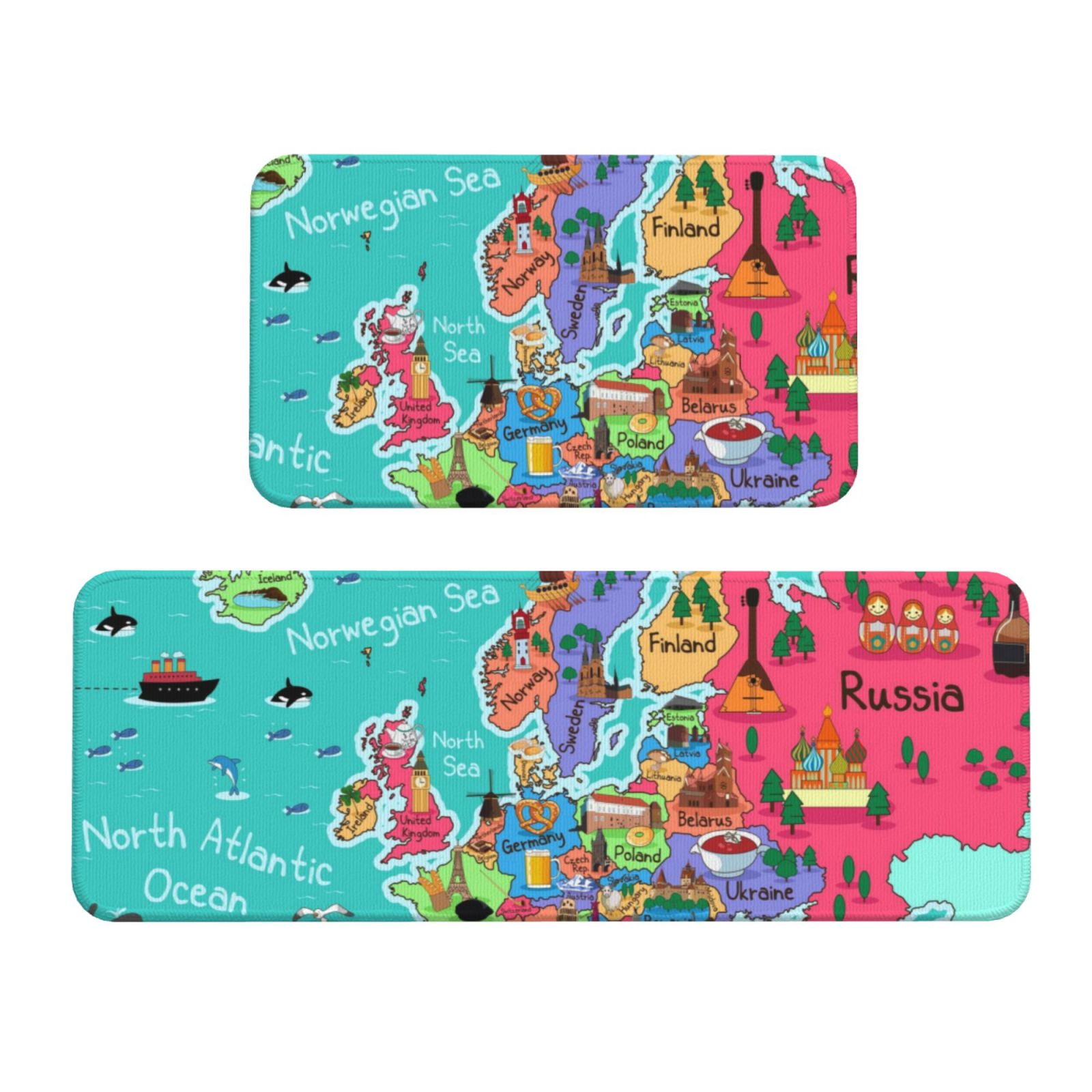 Logiee Cartoon Map Of Europe Print Kitchen Mats for Floor Sets of 2 ...