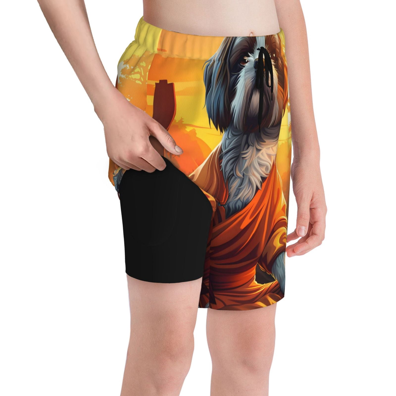 Logiee Cartoon Puppy Sunset Print Boys Swim Trunks with Compression ...