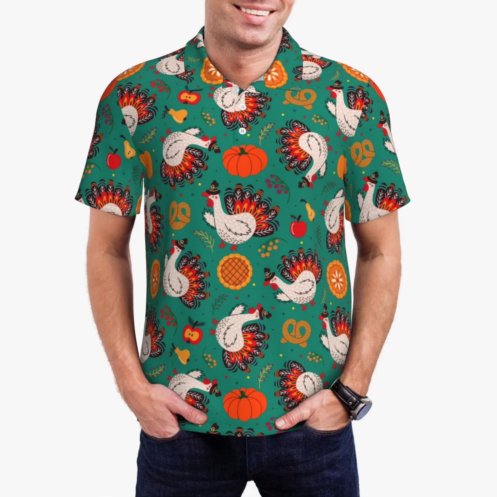 Logiee Cartoon Turkey Print Mens Polo Shirts,Mens Golf Polo Shirts ...