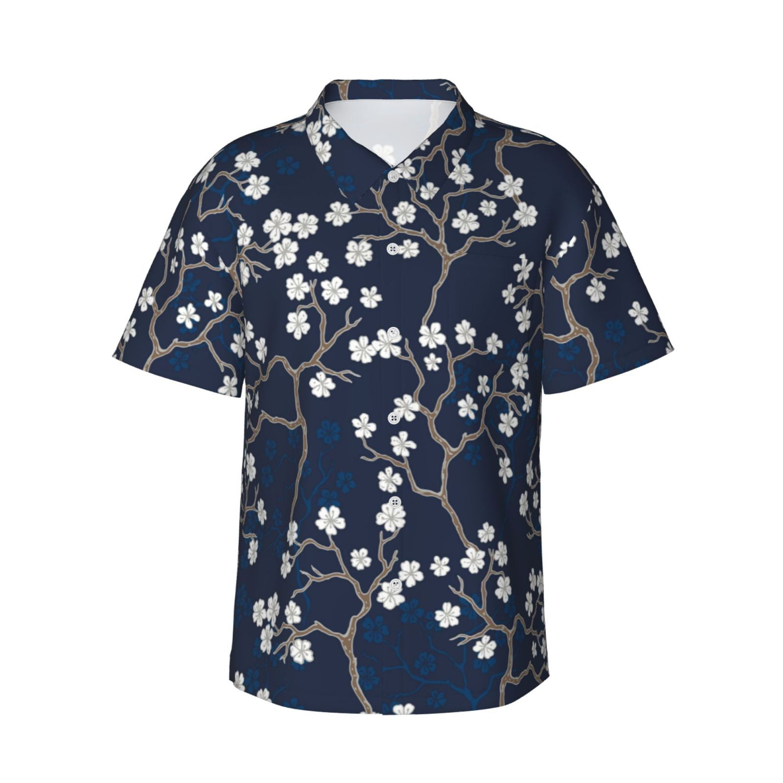 Logiee Cherry Blossoms on Navy Background Print Mens Hawaiian Shirts ...