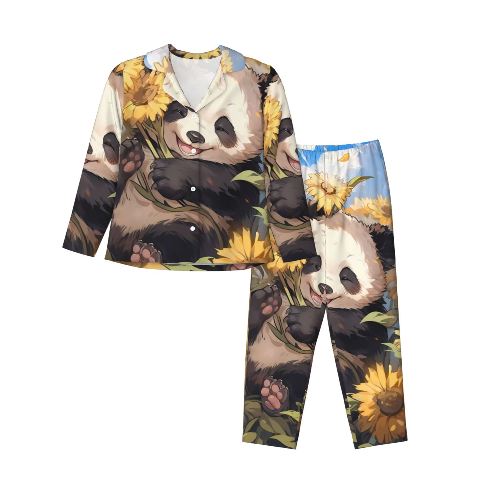 Logiee Clear Sky Cute Sunflower Panda Print Womens Pajamas Set,Long ...