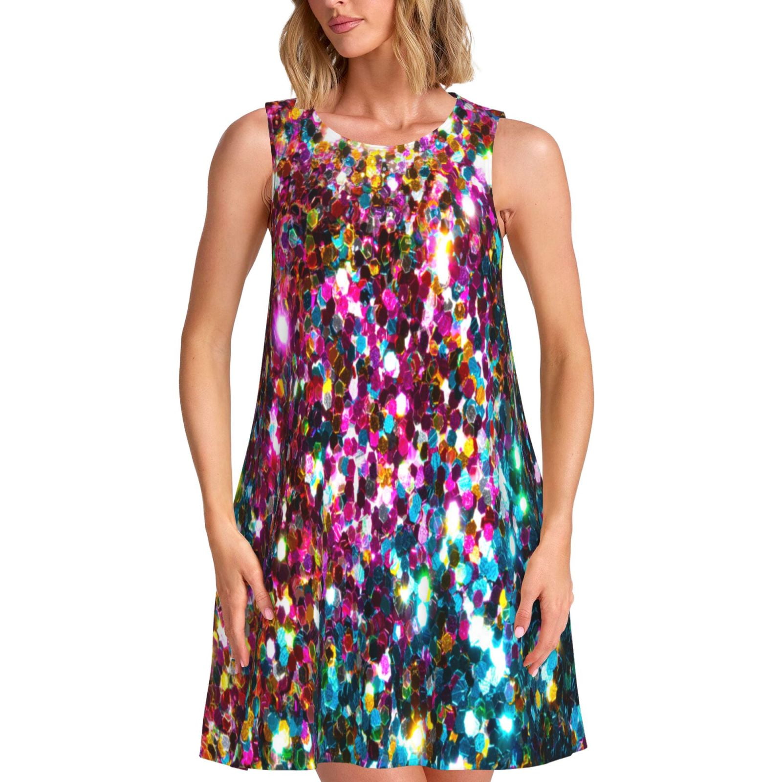 Logiee Color Shiny Print Summer Dresses for Women,Beach Sleeveless ...