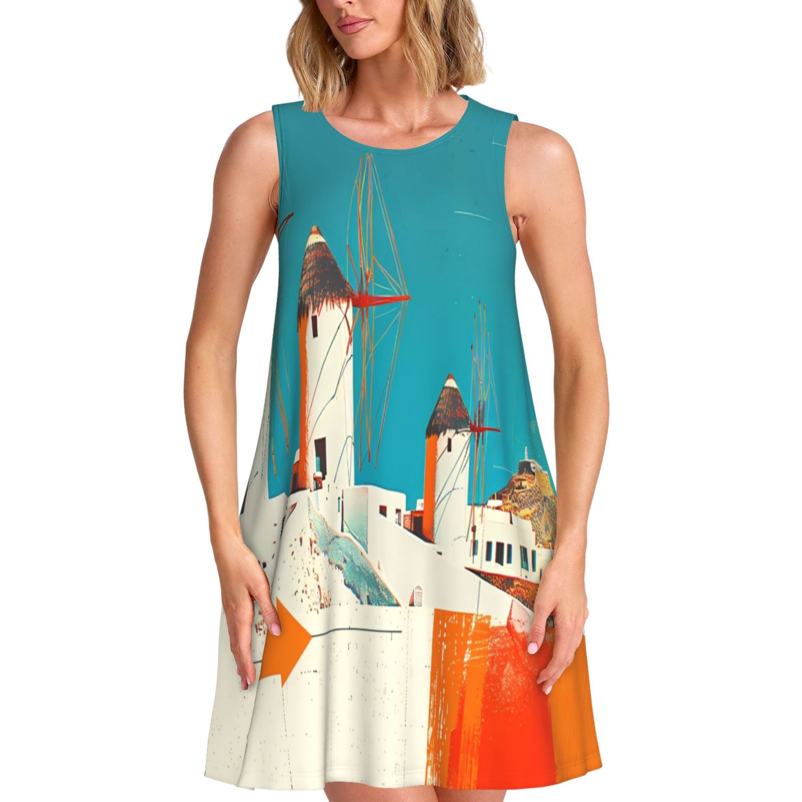 Logiee Colorful Greek Windmills Print Summer Dresses for Women,Beach ...