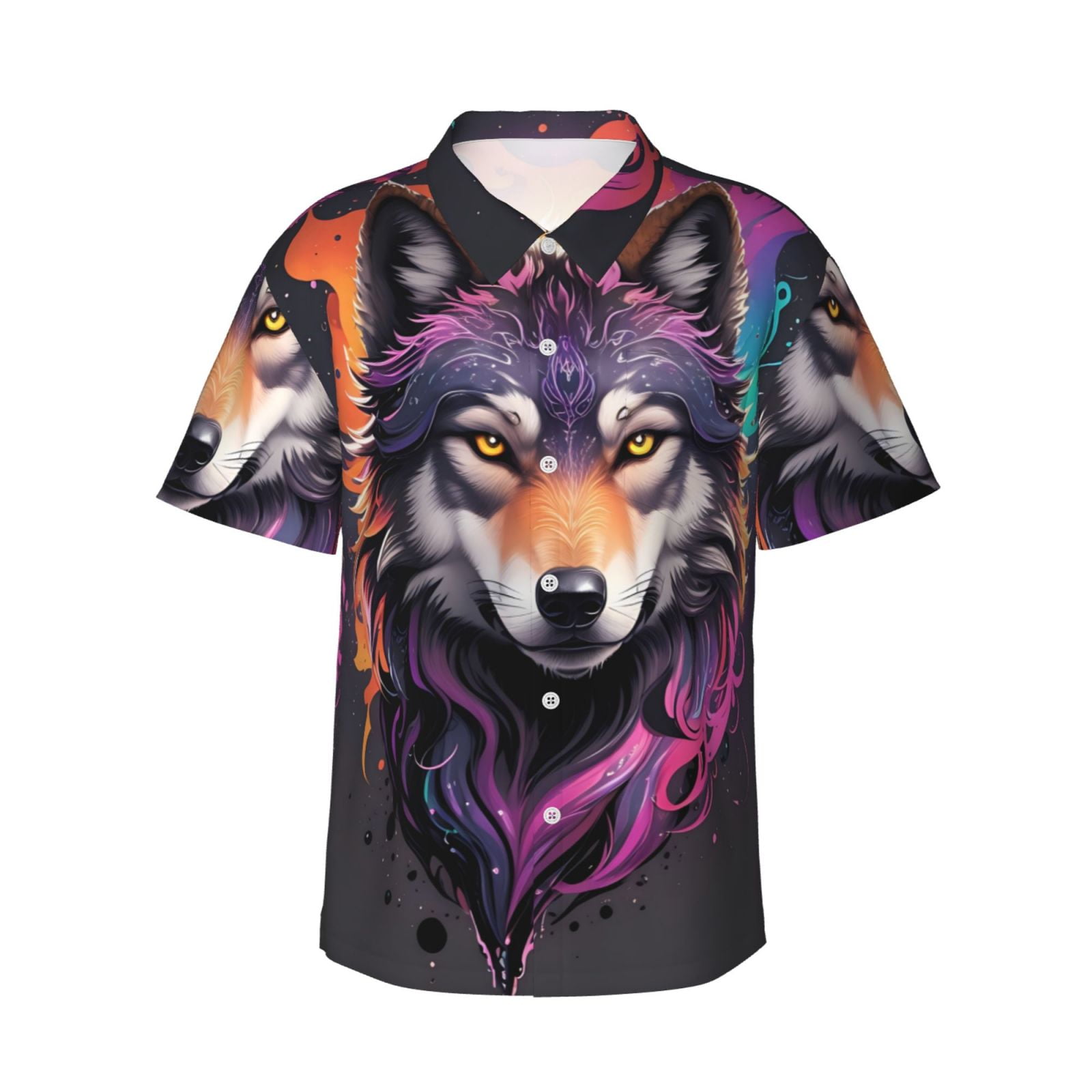 Logiee Colorful Wolf Head A Print Mens Hawaiian Shirts,Loose-Fit Short ...