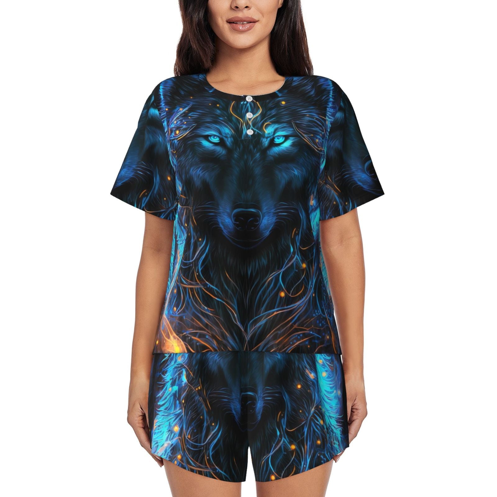 Logiee Cool Blue Light Wolf Print Womens Pajamas Set,Short-Sleeve ...