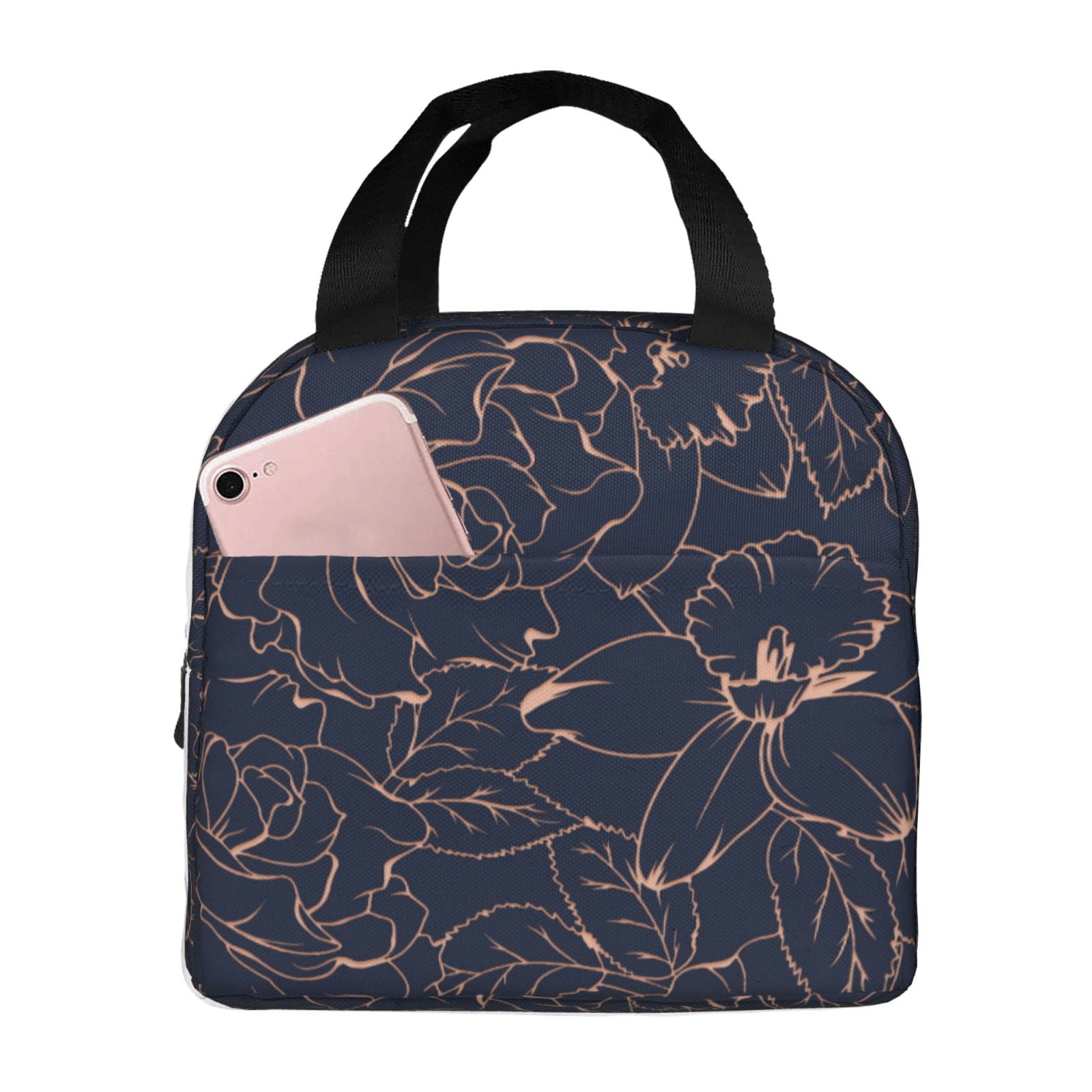 Logiee Copper-Gold Gloss Outline Flower Print Lunch Bag,Lunch Box for ...