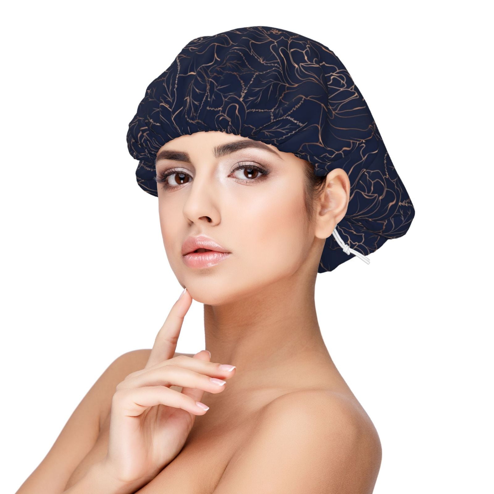 Logiee Copper-Gold Gloss Outline Navy Dark Blue Print Silk Bonnet Satin ...