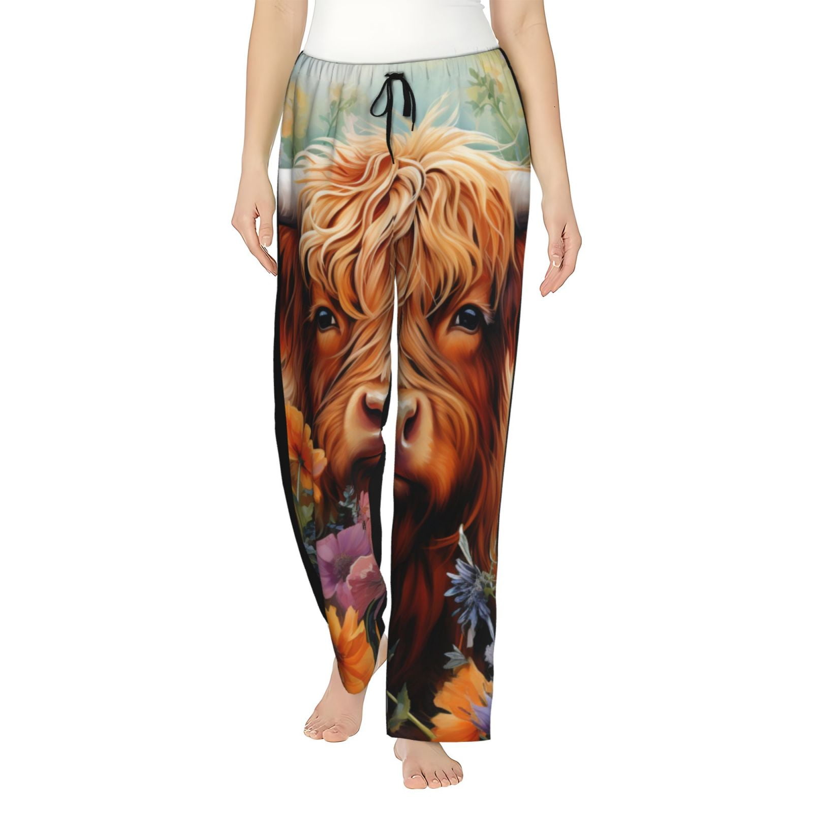 Logiee Countryside Colorful Floral Cow Print Women Pajama Pants,Comfy ...