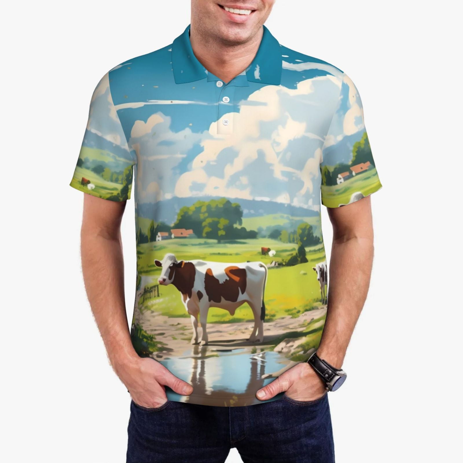 Logiee Countryside Farm Cow Print Mens Polo Shirts,Mens Golf Polo ...