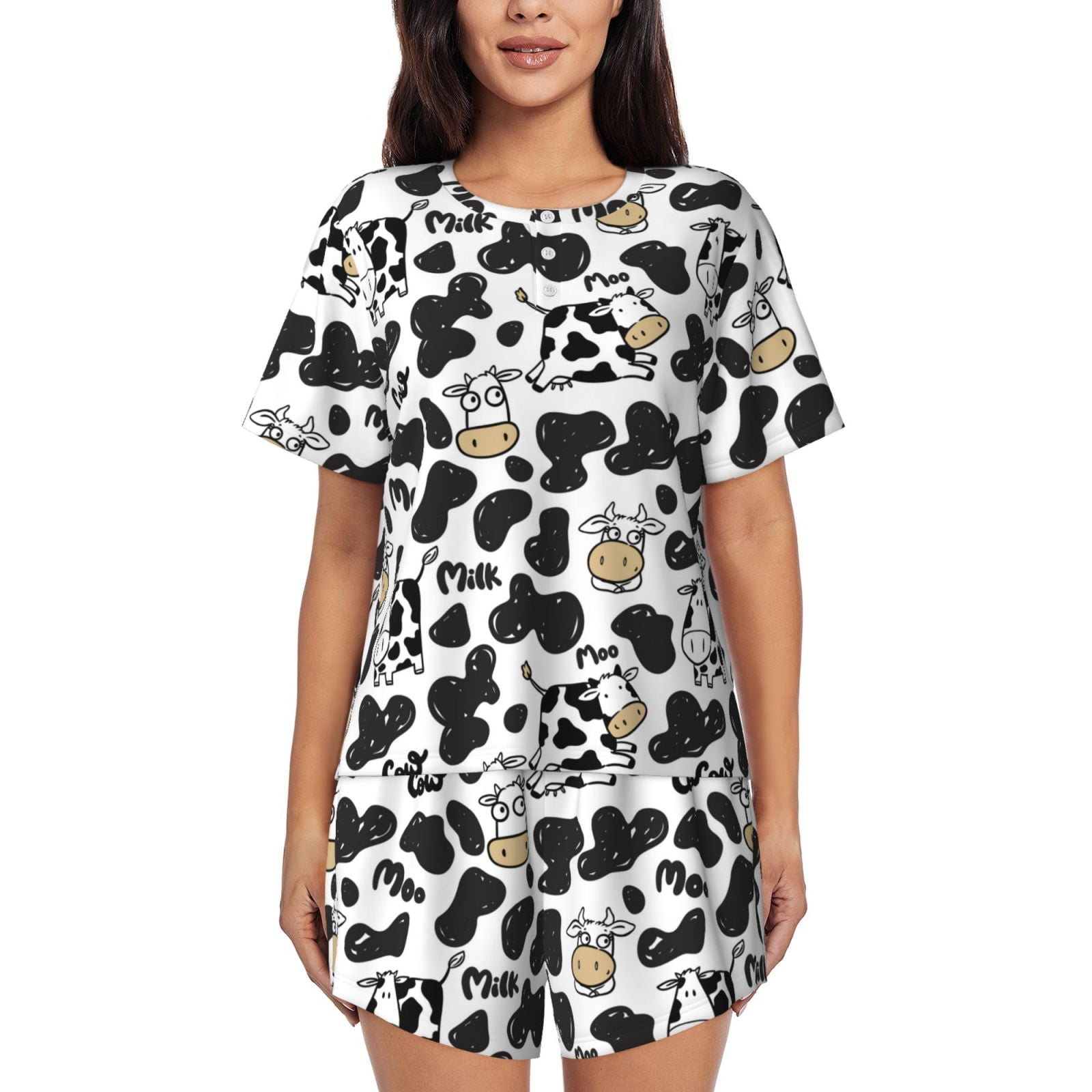Logiee Cow Print Womens Pajamas Set,Short-Sleeve Pajama 2 Piece ...