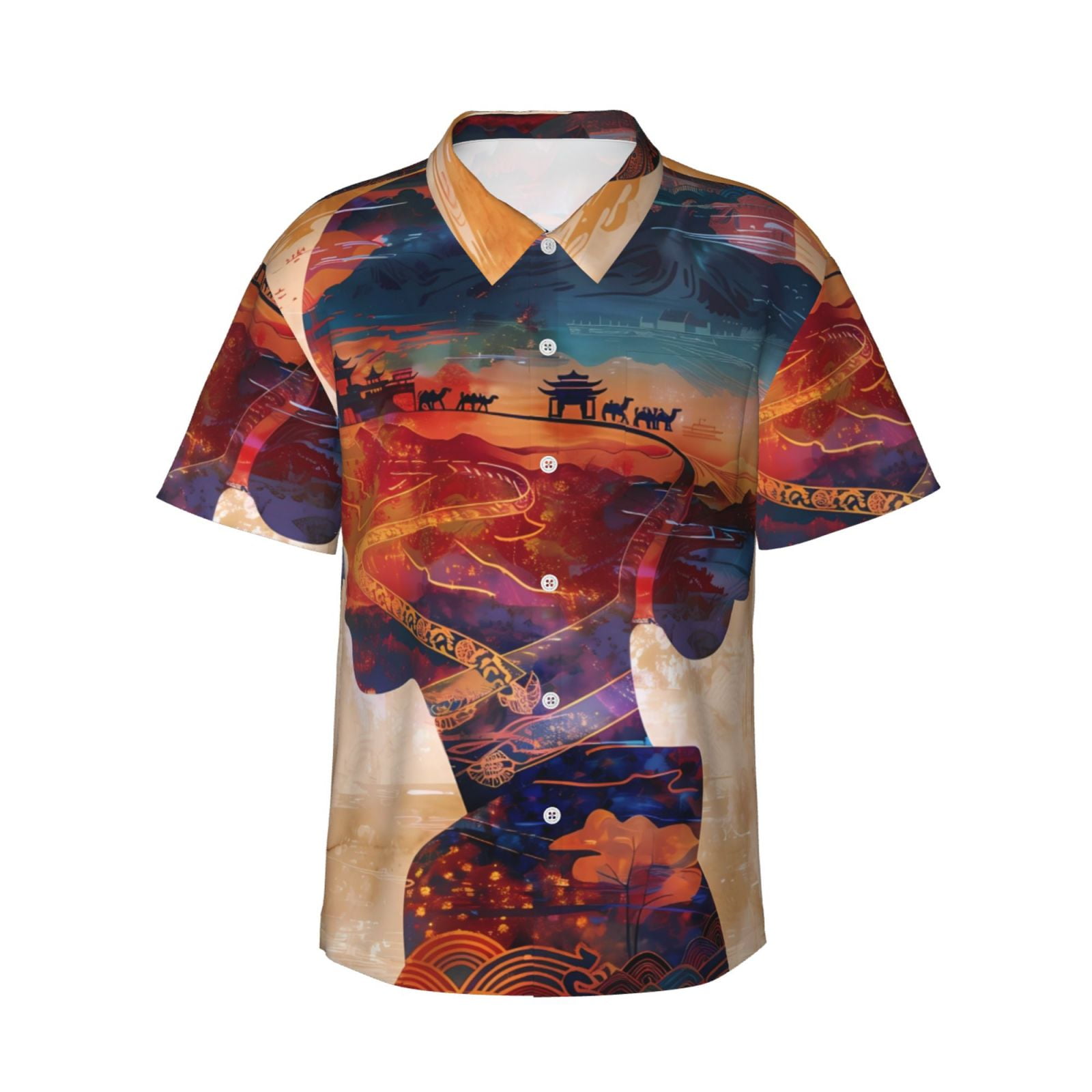 Logiee Cultural Silhouette Journey Print Mens Hawaiian Shirts,Loose-Fit ...