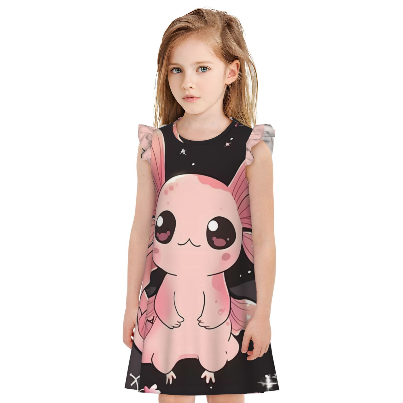 Logiee Cute Axolotl Sakura Blossoms B Print Girls Nightgowns,Casual Dress Flutter,Short Sleeves ...