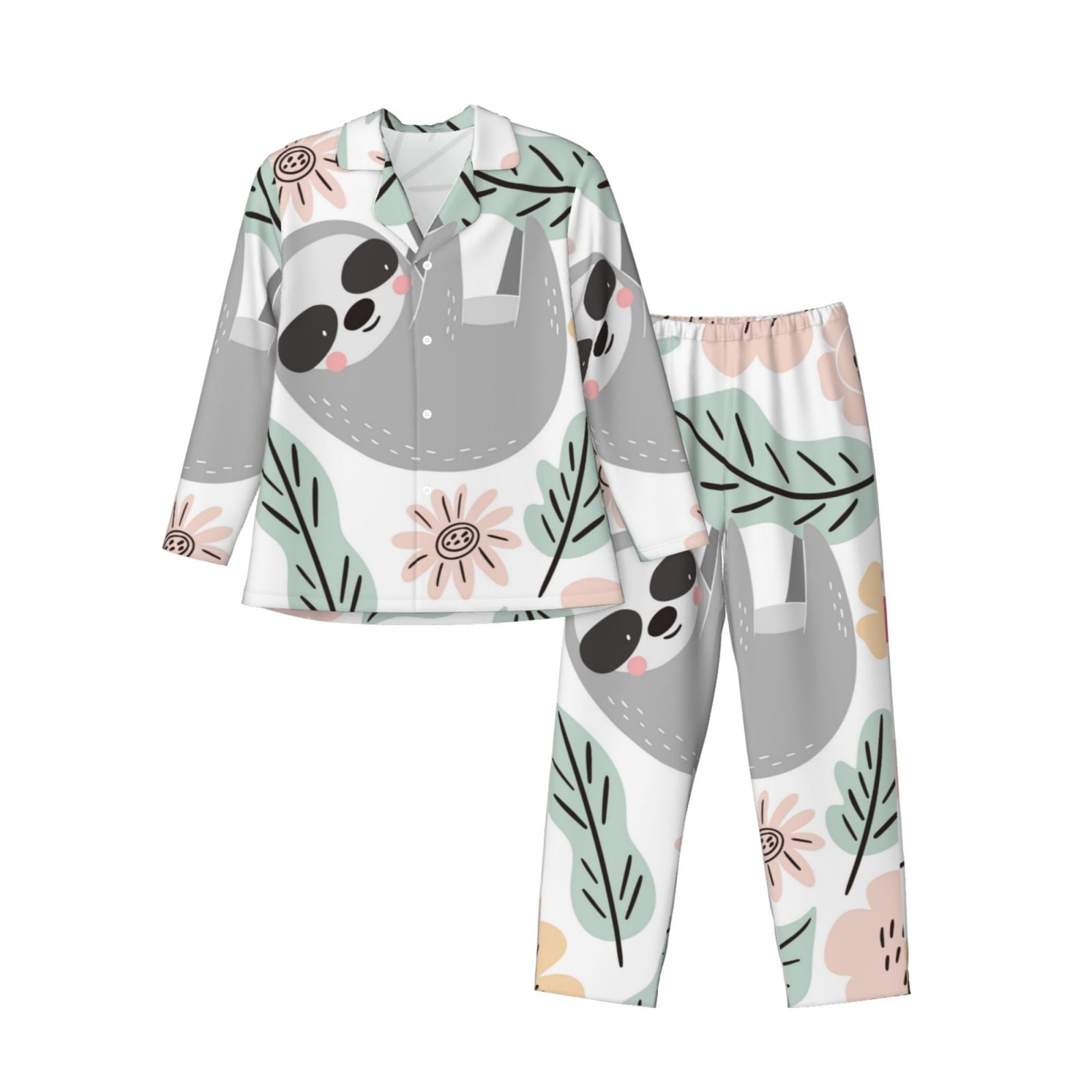 Logiee Cute Cartoon Sloth Print Mens Long Sleeve Pajama Set,Notched ...