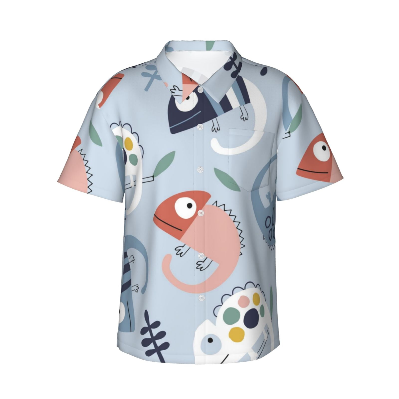 Logiee Cute Chameleons On Blue Print Mens Hawaiian Shirts,Loose-Fit ...
