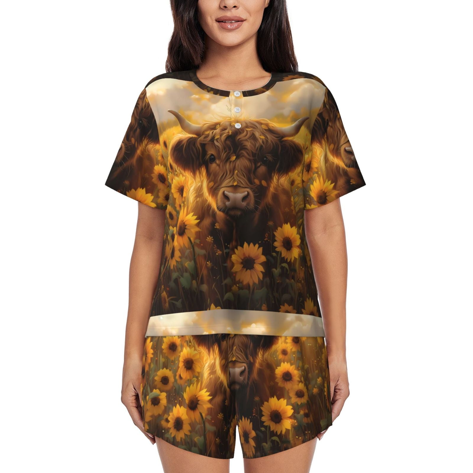 Logiee Cute Cow Sunflower Field Print Womens Pajamas Set,Short-Sleeve ...