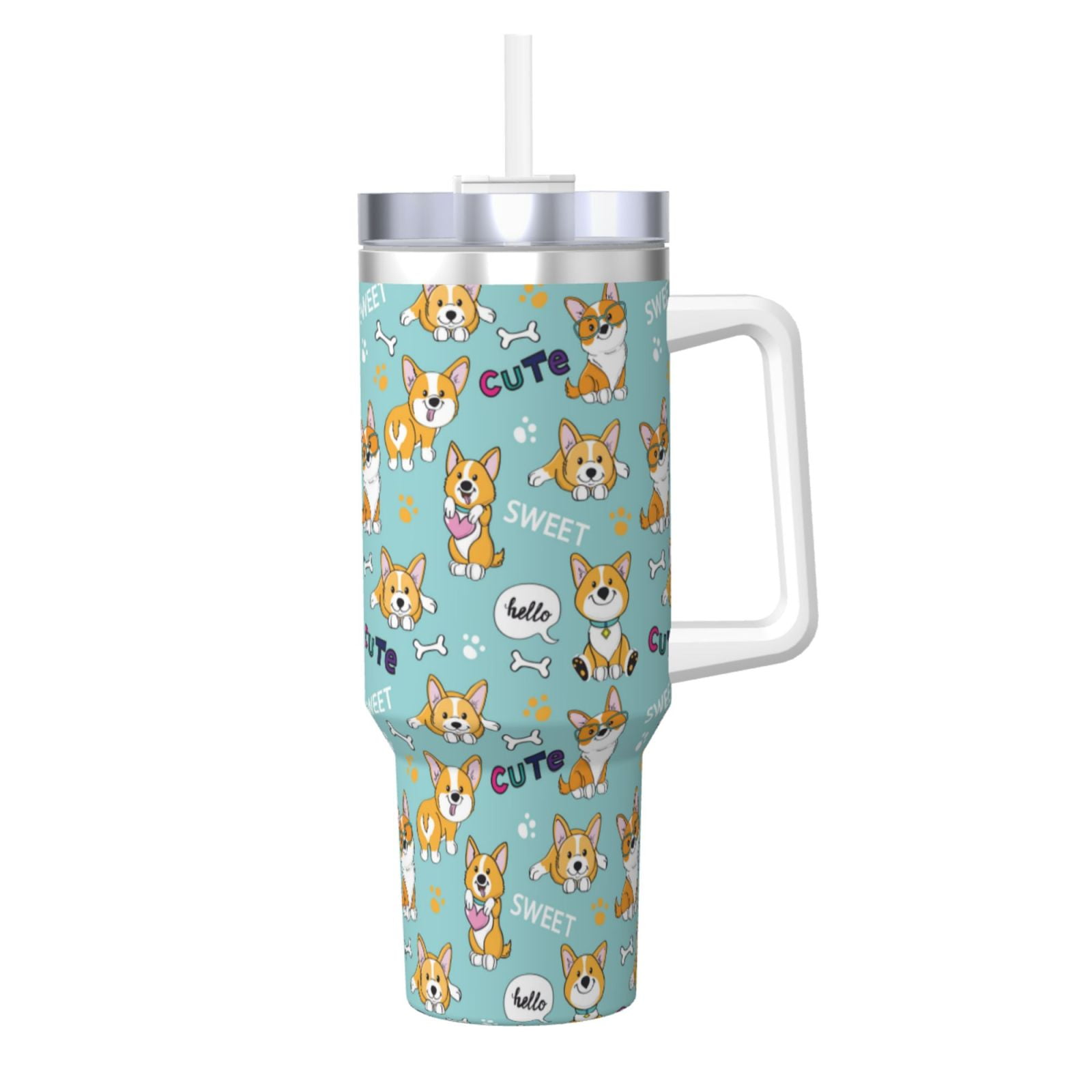 Logiee Cute Dogs Corgi Print 40OZ Ice Bully Cup with Handle and Straw ...