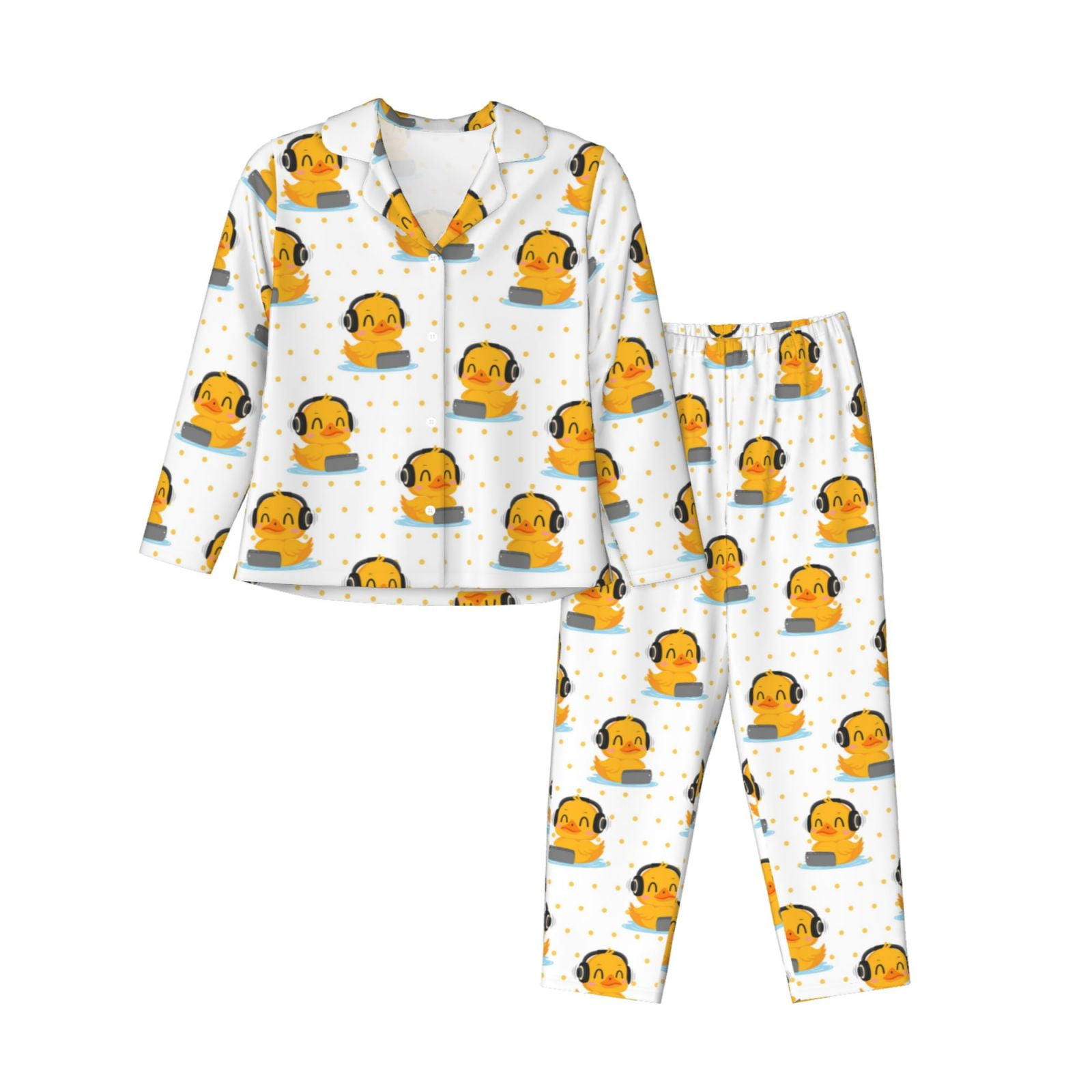 Logiee Cute Duck With Headphone Print Womens Pajamas Set,Long Sleeve ...