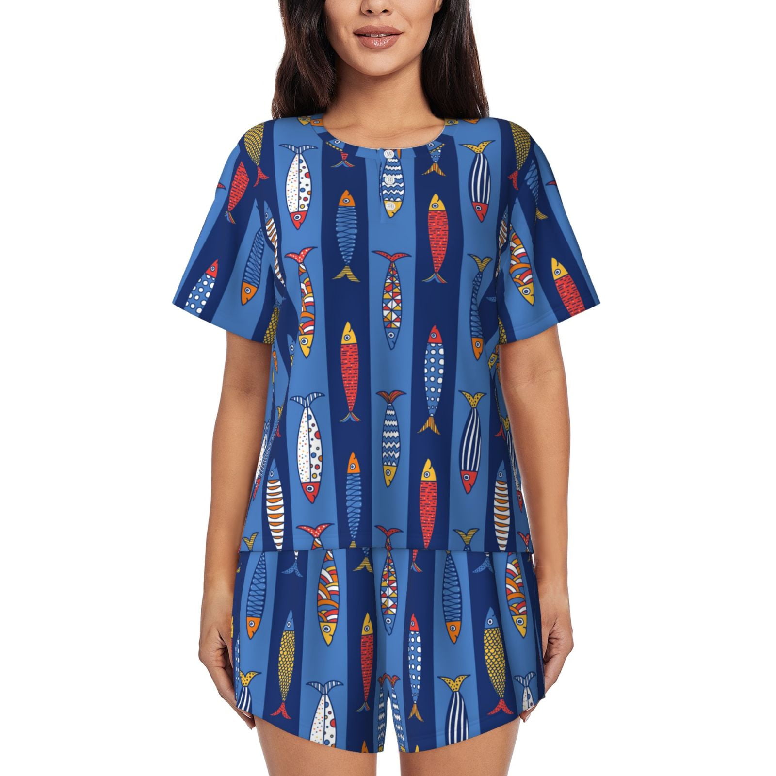 Logiee Cute Fish Print Womens Pajamas Set,Short-Sleeve Pajama 2 Piece Sleepwear with Pockets ...