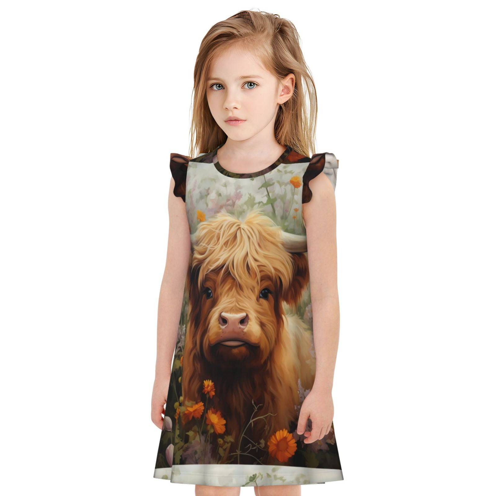 Logiee Cute Floral Cow Print Girls Nightgowns,Casual Dress Flutter ...