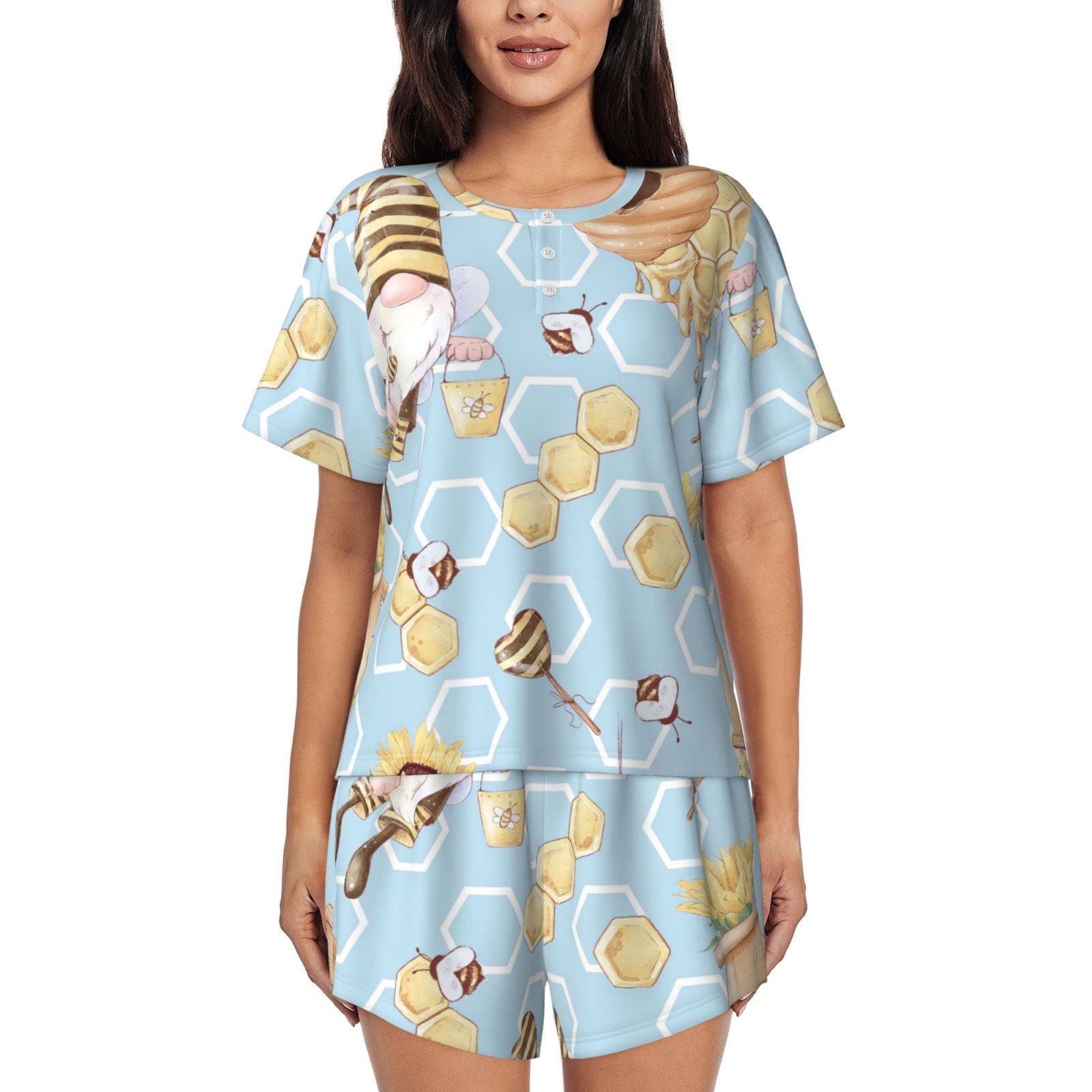 Logiee Cute Gnome Bee Collects Honey Print Womens Pajamas Set,Short ...