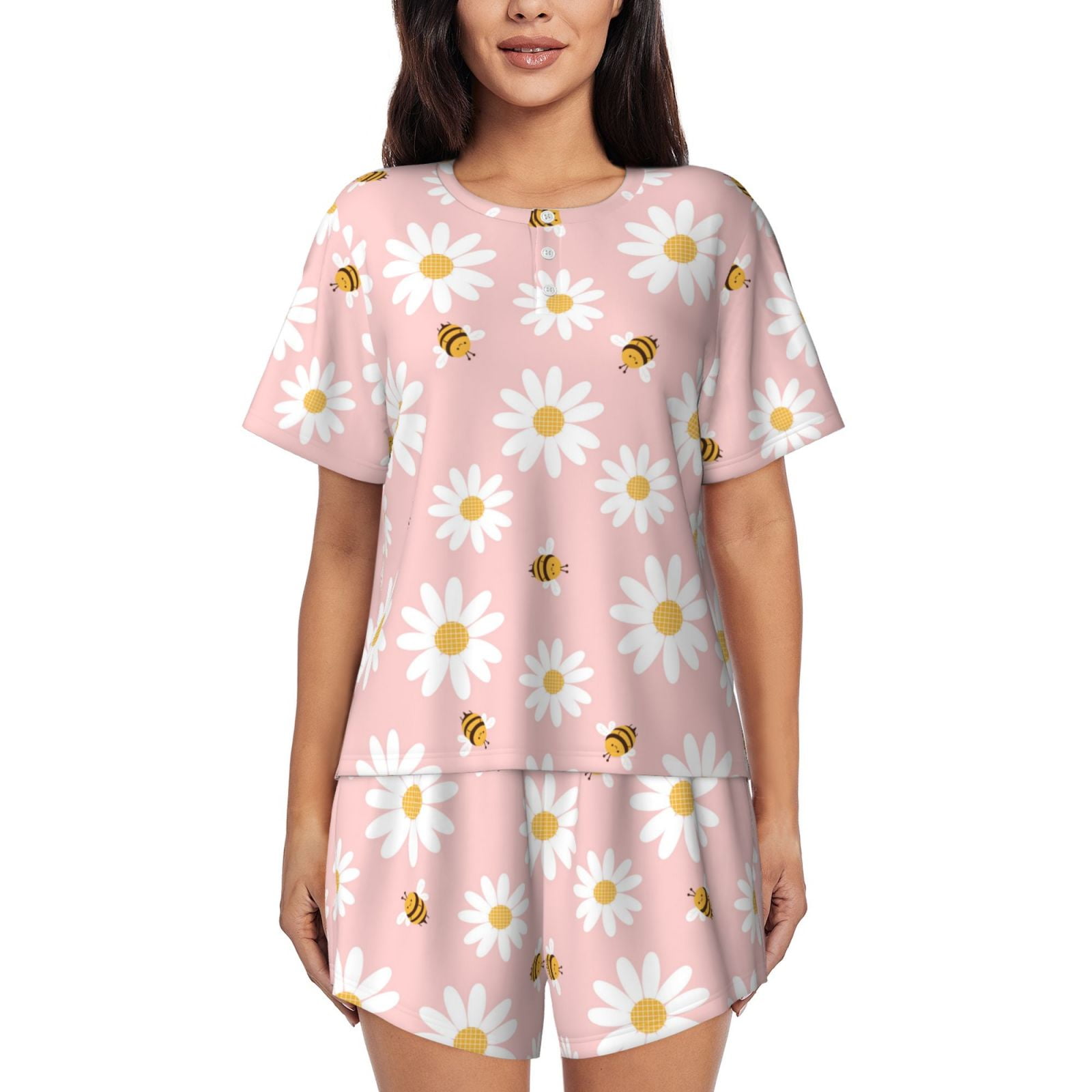 Logiee Daisy And Bee Print Womens Pajamas Set,Short-Sleeve Pajama 2 ...