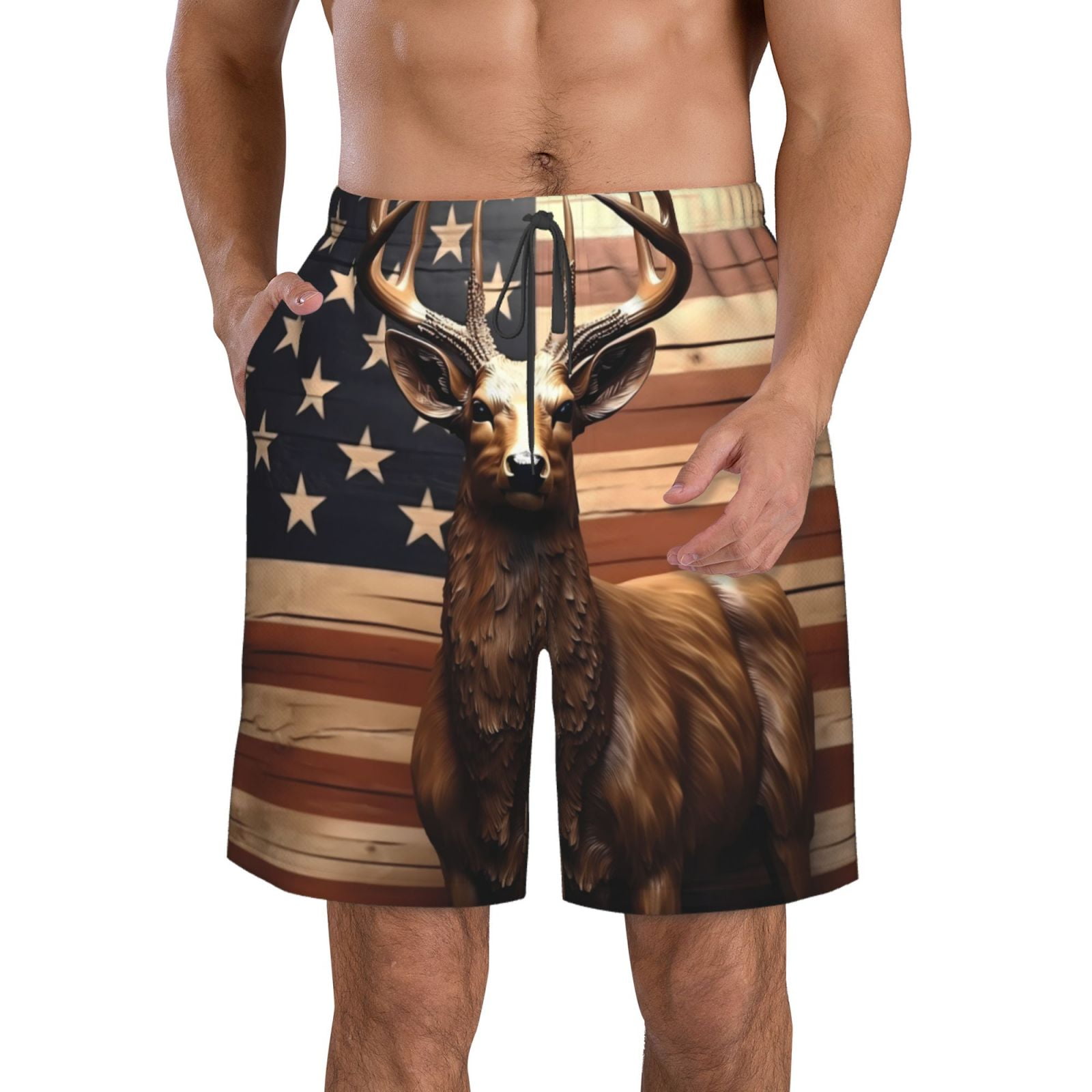 Logiee Deer American Flag Vintage Print Mens Swim Trunks Quick Dry ...