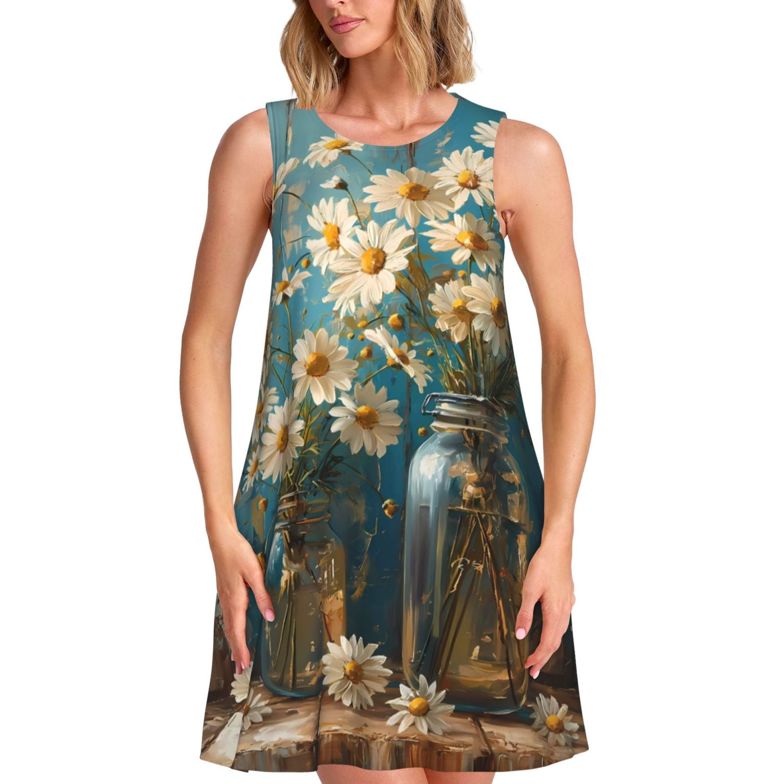 Logiee Delicate White Daisy Jars Print Summer Dresses for Women,Beach ...