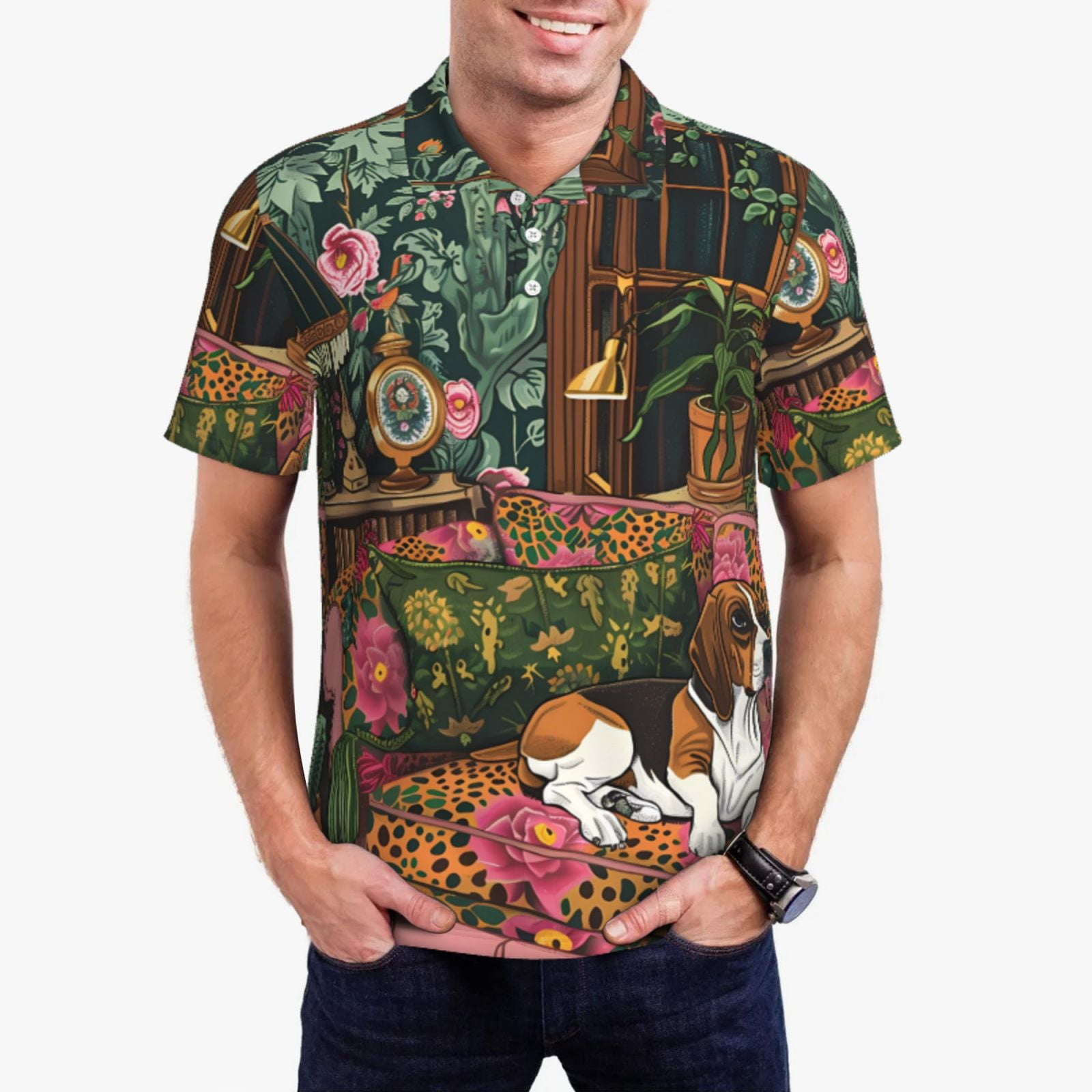 Logiee Dog On Floral Couch Print Mens Polo Shirts,Mens Golf Polo Shirts ...